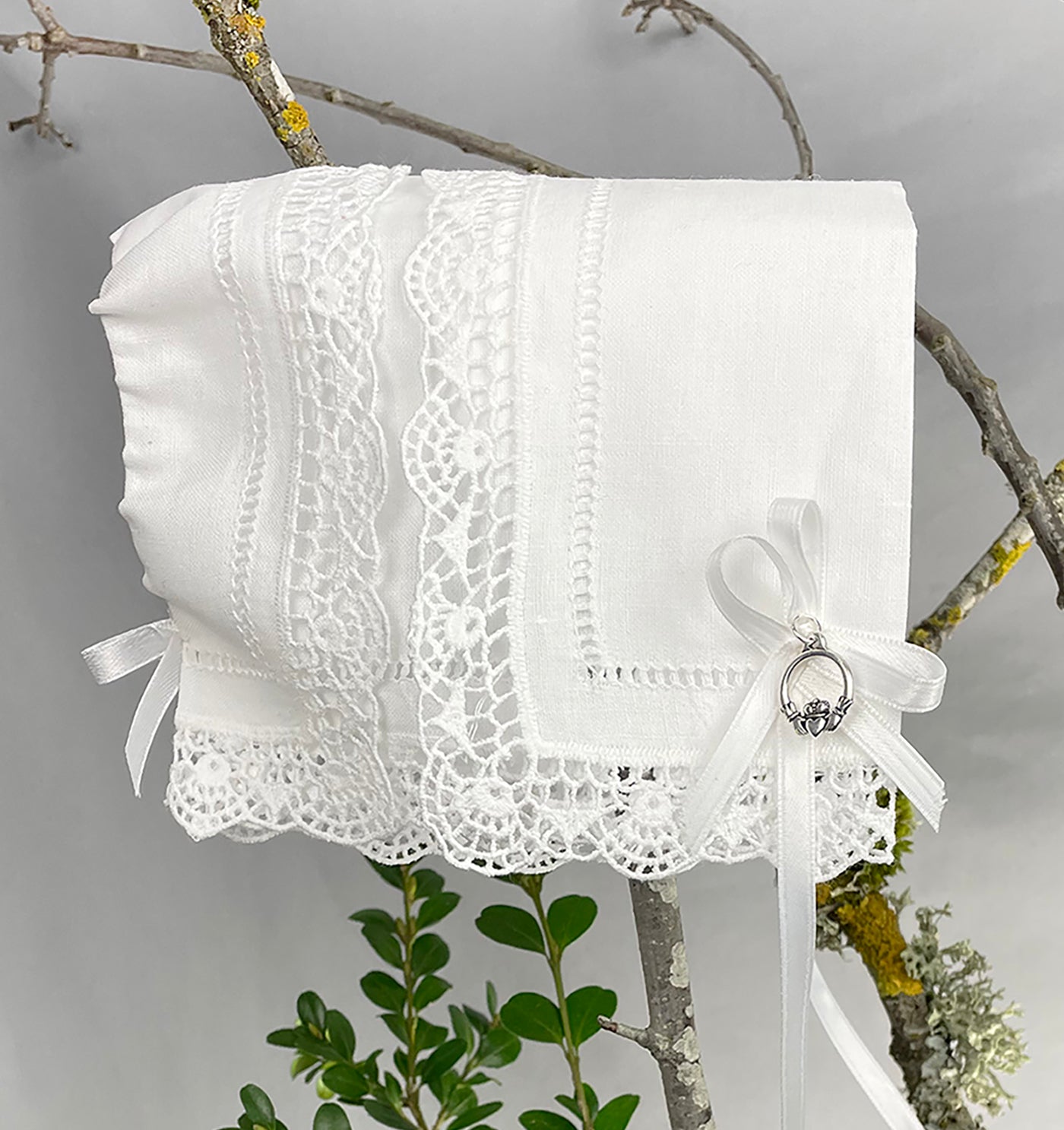 The Irish Magic Hanky Baby Bonnet with Claddagh Pendant Charm and Iris